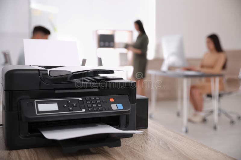 New Modern Printer on Table in Office. Space for Text Stock Photo ...