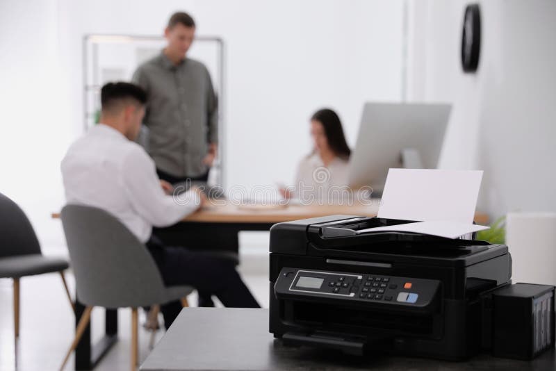 New Modern Printer on Table in Office. Space for Text Stock Photo ...