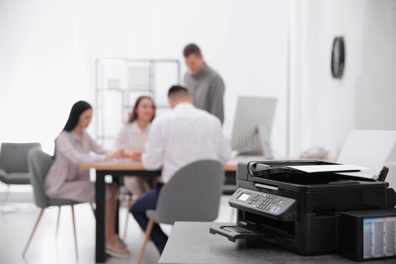 New Modern Printer on Table in Office. Space for Text Stock Photo ...