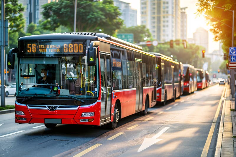 New Modern Red Busses for Public Transportation on the Street Stock ...
