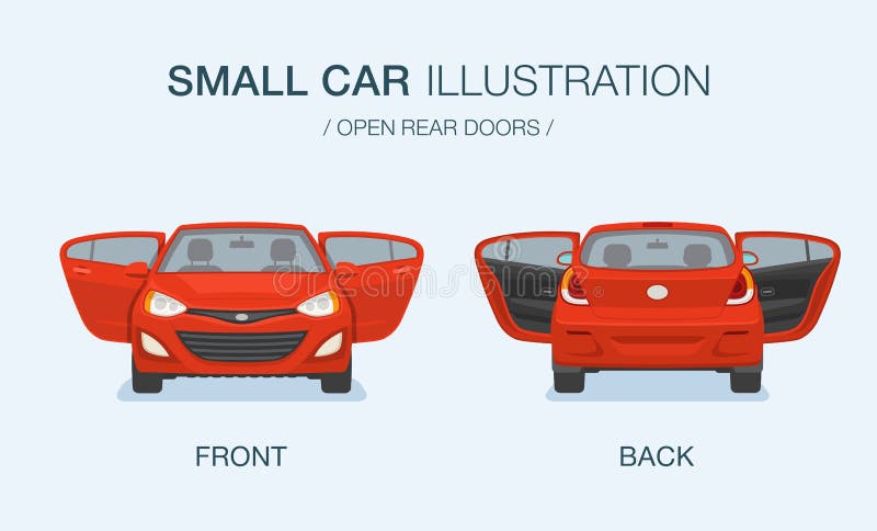 New Modern Small Car with Rear Doors Open. Front and Back View Stock ...