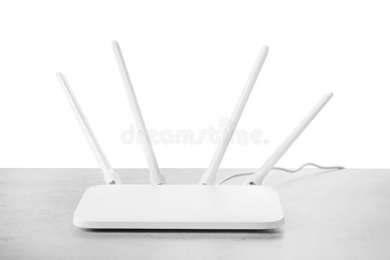 New Modern Wi-Fi Router on Grey Table Against White Background Stock ...