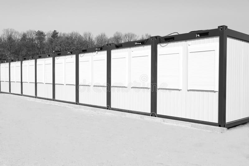 New Modular Houses for Internally Displaced Persons Outdoors. Black and ...