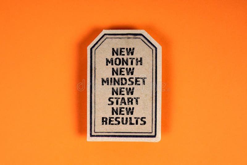 NEW MONTH MINDSET START RESULTS Concept. Cardboard Sticker with Text on ...