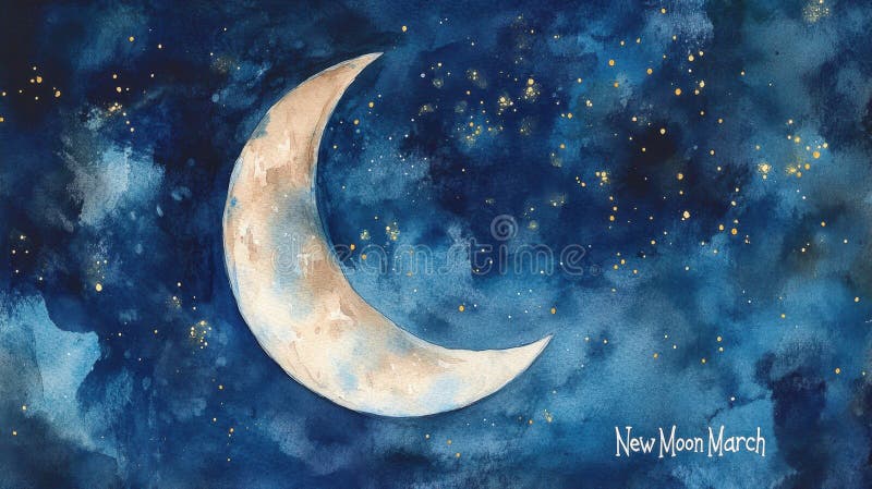New Moon March Celestial Night Sky with Crescent Moon and Stars for ...