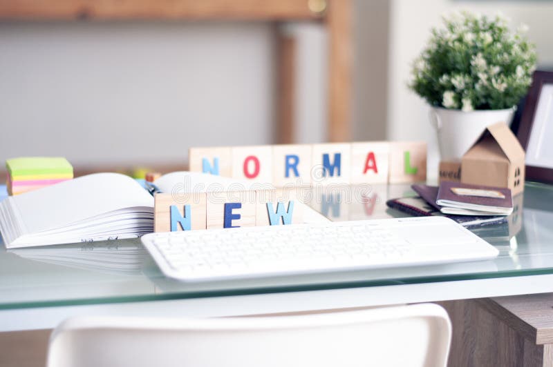 New Normal Text on Work Table. Work from Home. Social Distancing Stock ...