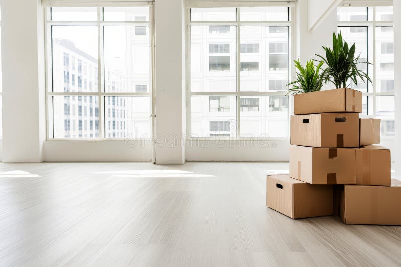 New Office with Cardboard Boxes, Packed Belongings, Moving and Storage ...