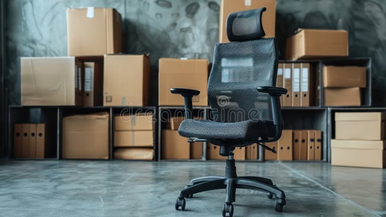 New Office Relocation: Stack of Cardboard Boxes, Office Chair in Empty ...