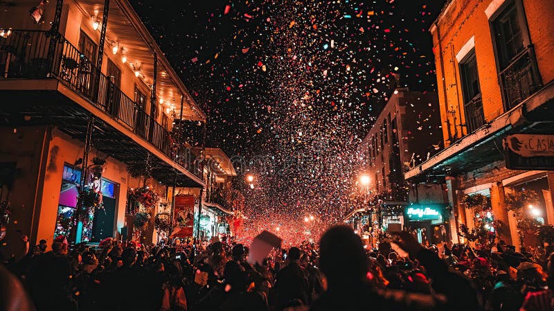 New Orleans Street Celebration, Confetti Falling, Night, Crowd Stock ...