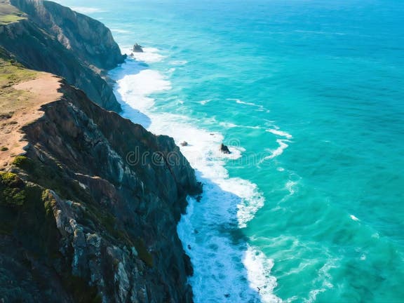 Drone Shot of Cliffs Above a Turquoise Sea with Waves Crashing. Stock ...