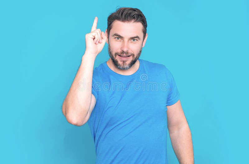 New Plan Excited Man Thinking of Idea on Blue Background. Planning ...