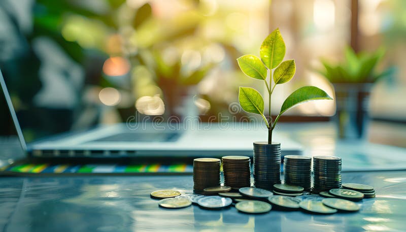 New Plant Growing on Stack of Coins Over Business Laptop Background ...