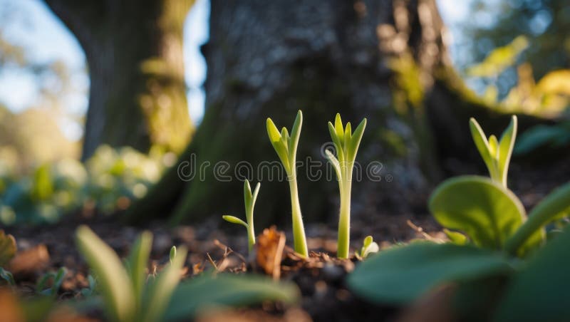 New Plant Growth beside Tree in Natural Setting. Stock Image - Image of ...