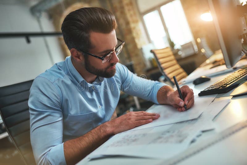 New Project. Busy Bearded Engineer in Eyeglasses and Formal Wear ...