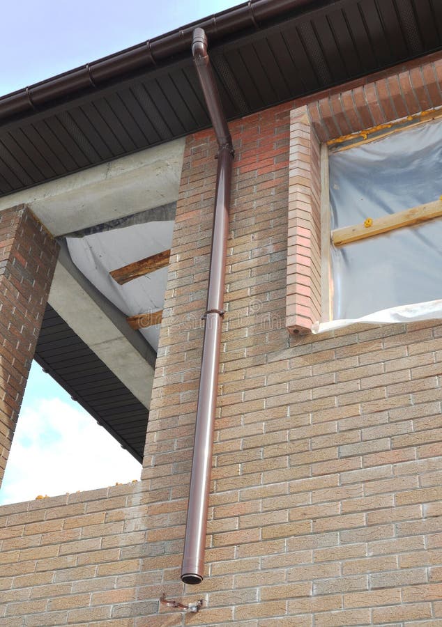 New Rain Gutter Drain Pipe Downspout Installation Stock Image - Image ...
