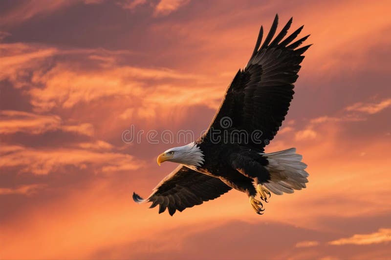 Powerful Eagle Soaring through Fiery Sky Stock Illustration - Illustration of striking ...