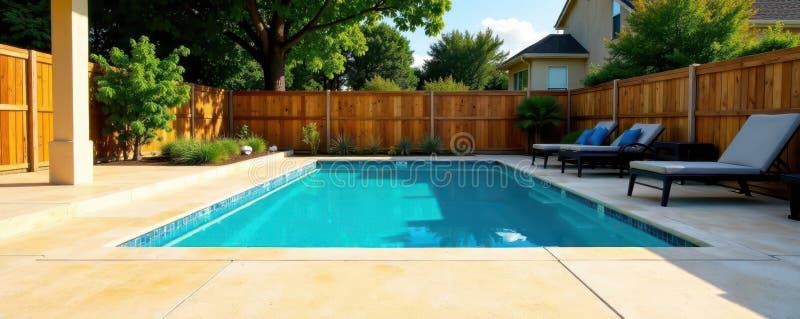 New Rectangular Pool, Tan Concrete Deck, Fenced Backyard, Swimming Pool ...