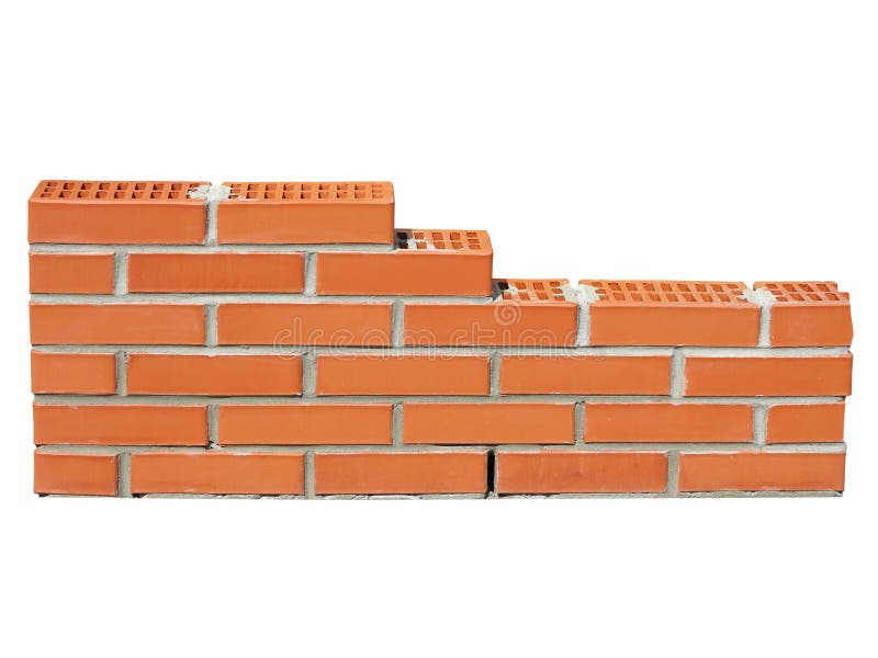 New Red Brick Wall in Construction Process Isolated on White Stock ...