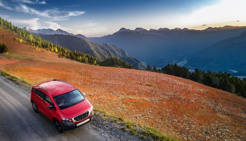 A New Red Car Pulled Over on the Side of a Remote Mountain Road Stock ...