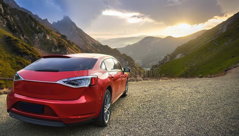 A New Red Car Pulled Over on the Side of a Remote Mountain Road Stock ...