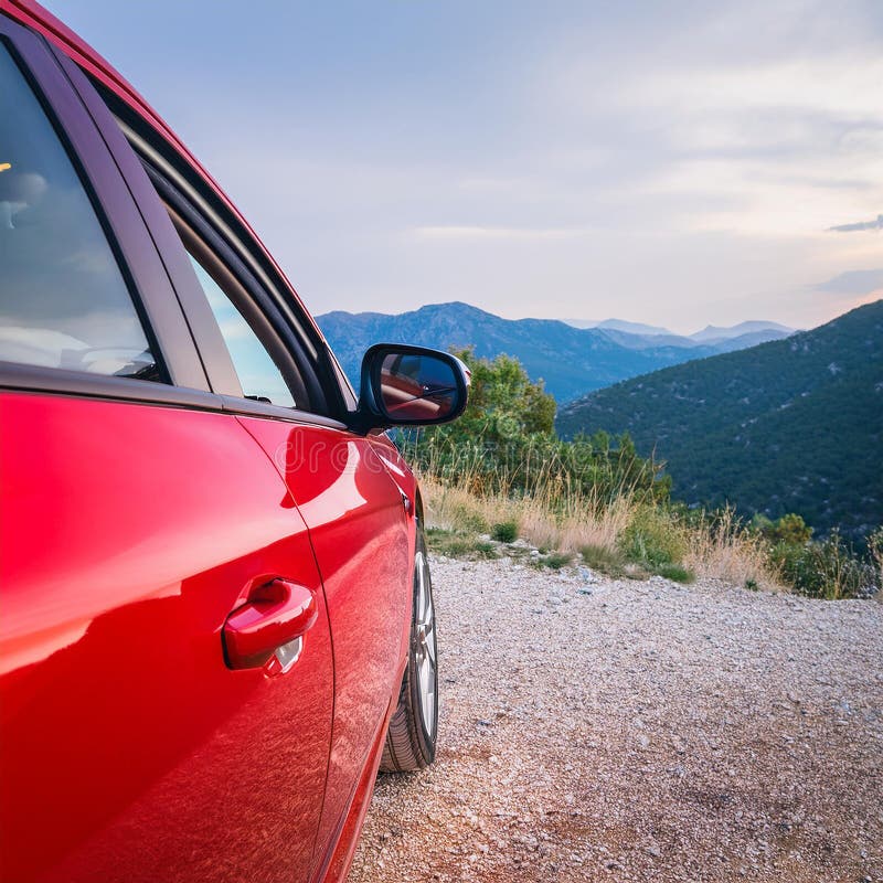 A New Red Car Pulled Over on the Side of a Remote Mountain Road Stock ...