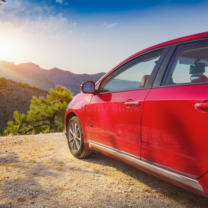 A New Red Car Pulled Over on the Side of a Remote Mountain Road Stock ...