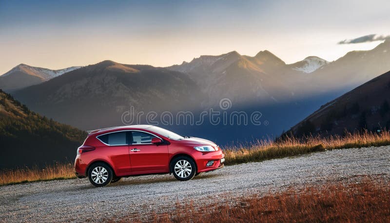 A New Red Car Pulled Over on the Side of a Remote Mountain Road Stock ...