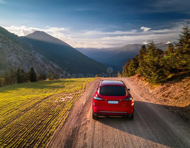 A New Red Car Pulled Over on the Side of a Remote Mountain Road Stock ...