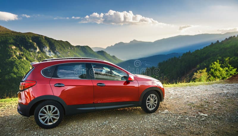 A New Red Car Pulled Over on the Side of a Remote Mountain Road Stock ...
