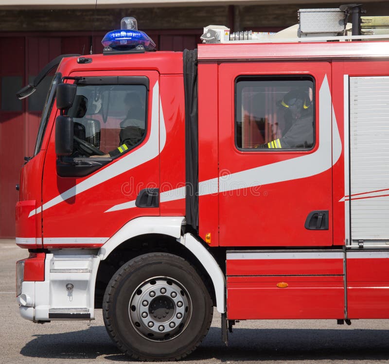 New Red Fire Trucks with Sirens Blue Stock Photo - Image of service ...