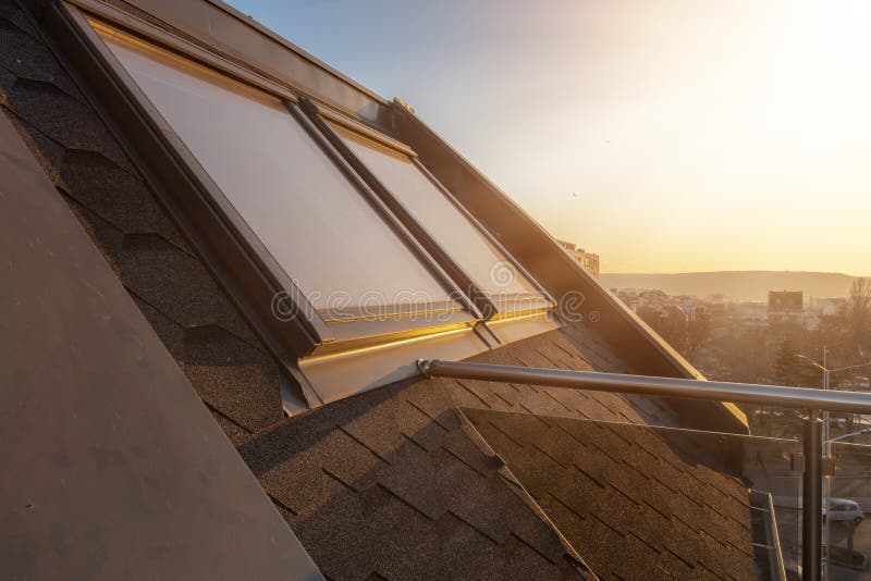 New Roof Windows on Sunset. Dormer Stock Image - Image of aluminium ...