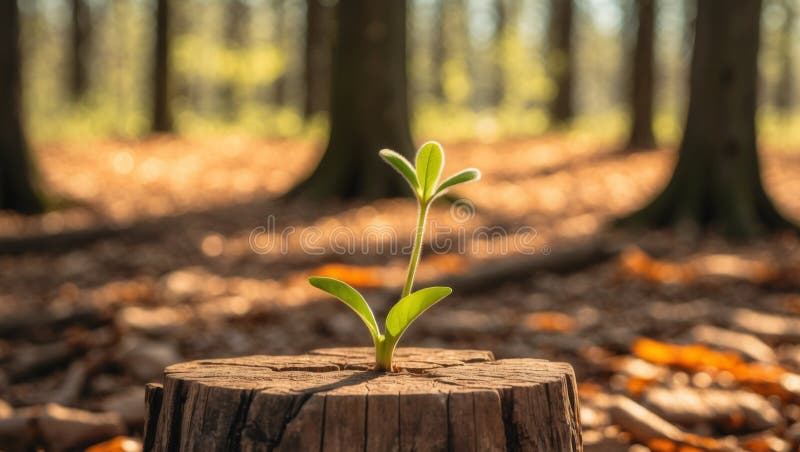 New Sapling Emerging from a Tree Stump in a Sunlit Forest during ...