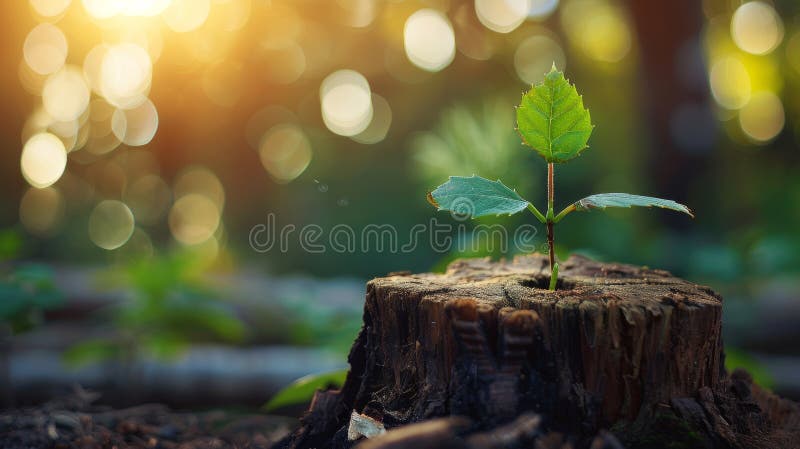 New Sapling Emerging from a Tree Stump in a Sunlit Forest during ...