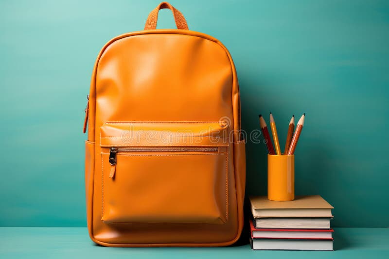 New School Bag. a Large Orange Backpack Standing on the Table and ...