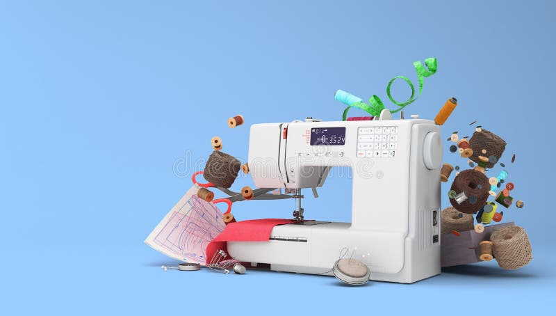 New Sewing Machine and Accessories 3d Render on Blue Background Stock ...