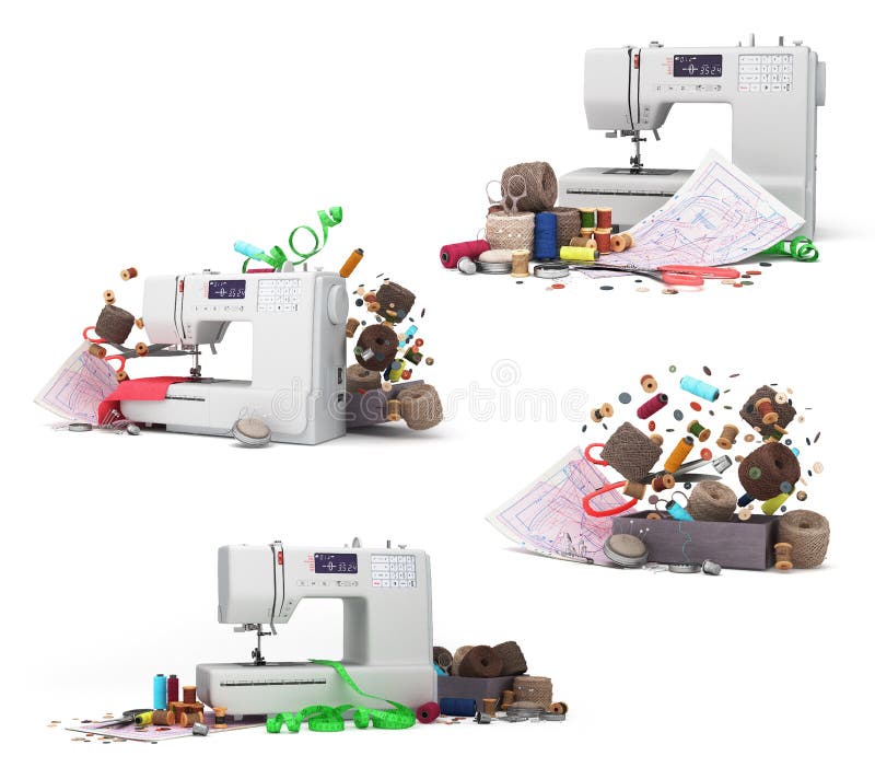 New Sewing Machine and Accessories Set 3d Render on White Stock ...