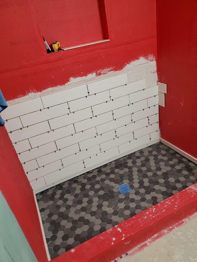 New shower built DIY stock photo. Image of tiles, inside - 182099002
