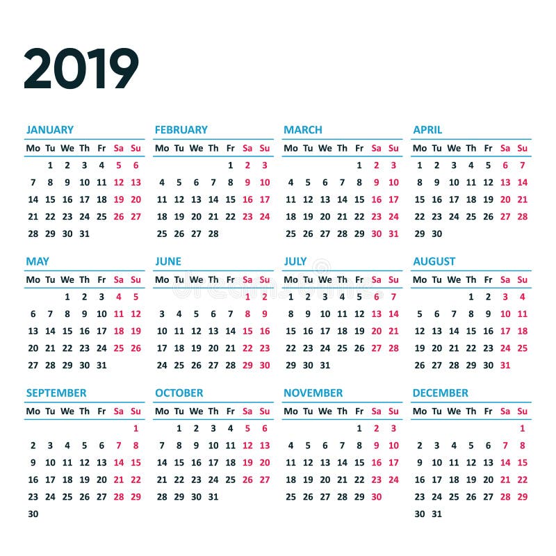 New Simple Vector 2019 Calendar Weeks from Monday Stock Vector ...