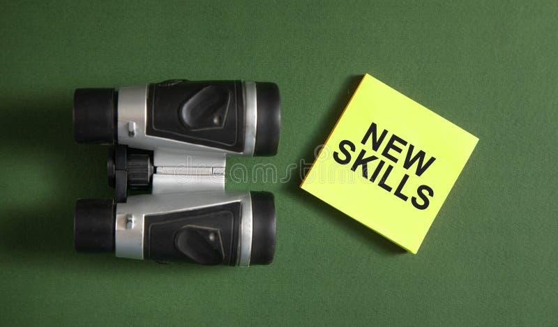 New Skills Message on Sticky Note with a Binoculars Stock Photo - Image ...