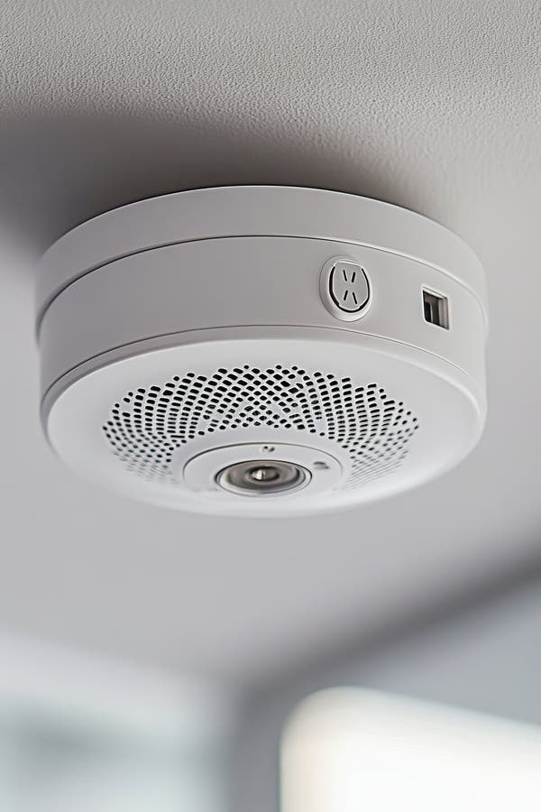 New Smoke Alarm Installed on White Ceiling Indoors Home Security and ...