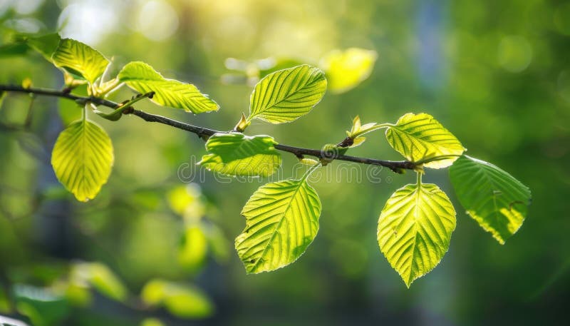 New Spring Leaves on a Branch in the Sunlight Stock Image - Image of ...
