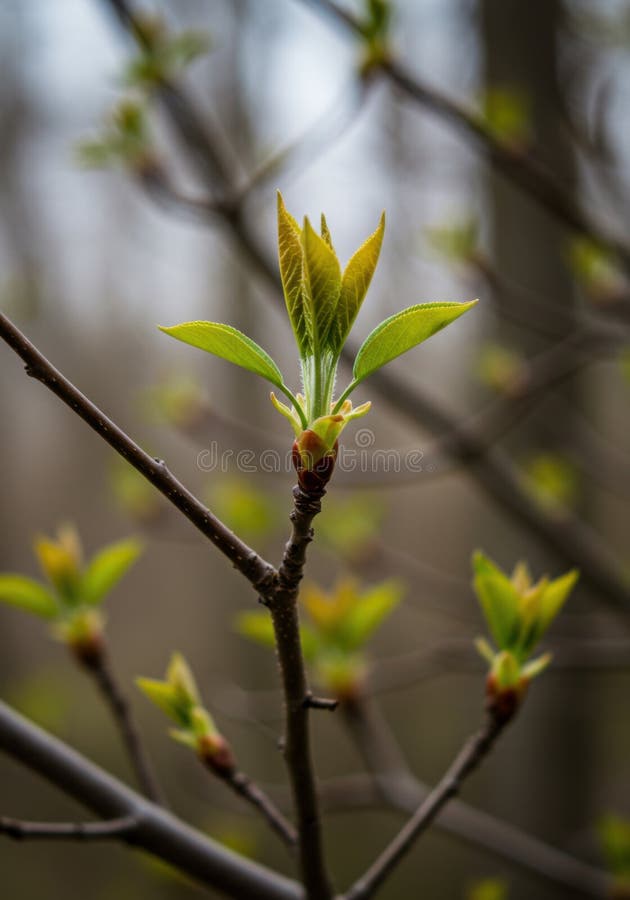 New Spring Leaves Emerging on Branch Stock Illustration - Illustration ...