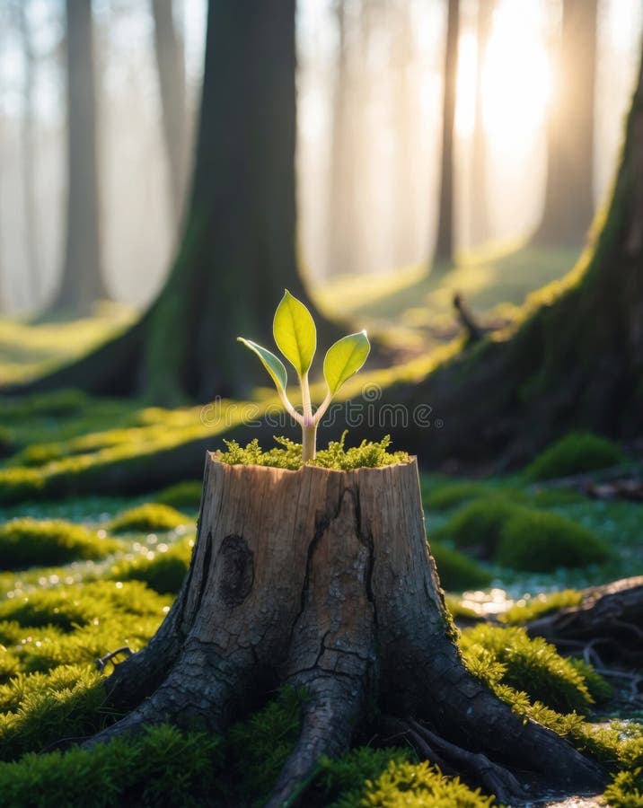 New Sprout Emerges from a Tree Stump in a Sunlit Forest during Early ...