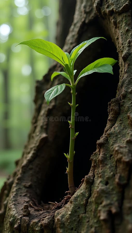 New Sprout Emerging from Weathered Tree Trunk in Forest Stock ...