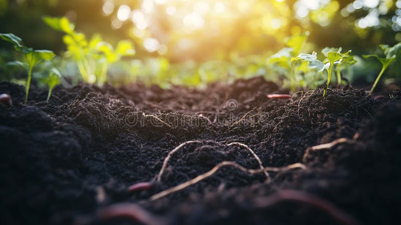 New Sprouts Emerging from Rich Garden Soil Under Warm Sunlight ...