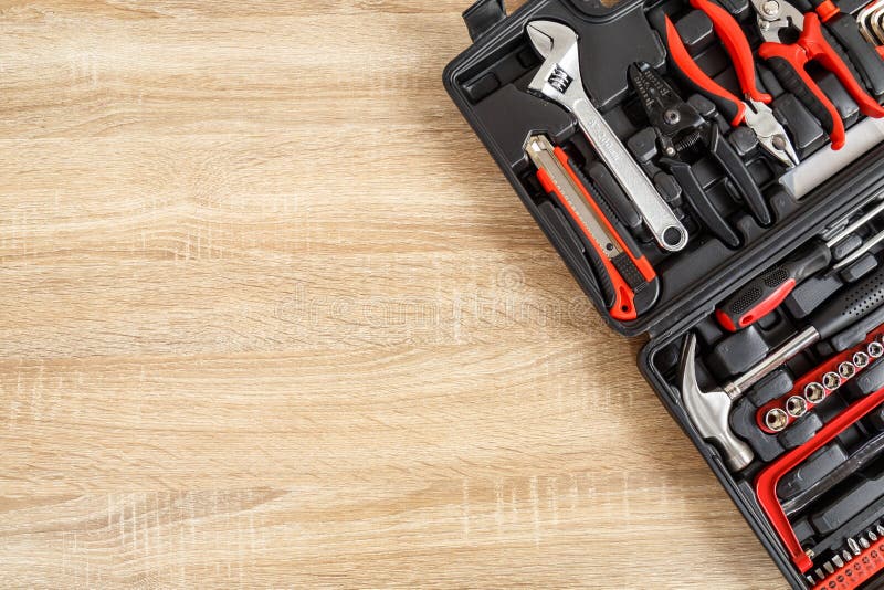 New Square Black Tool Box on Wooden Texture Background Stock Photo ...
