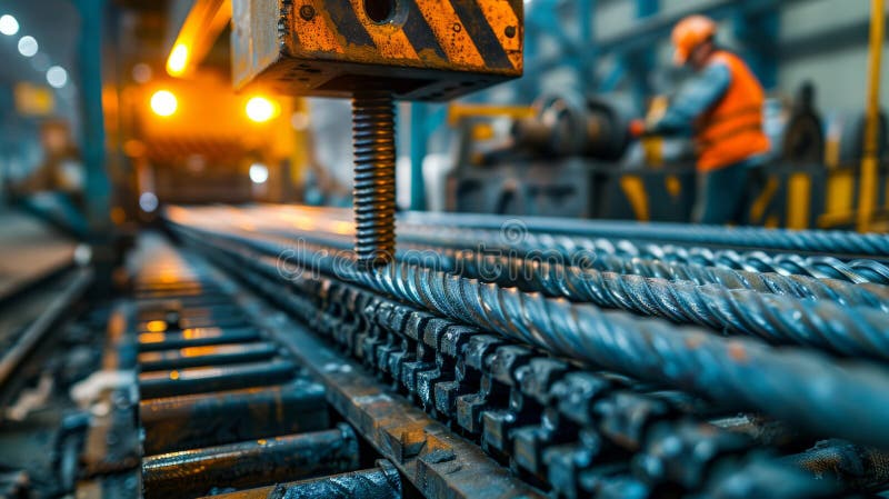 New Steel Being Processed on Rebar Steel Bending Machine in Industrial ...