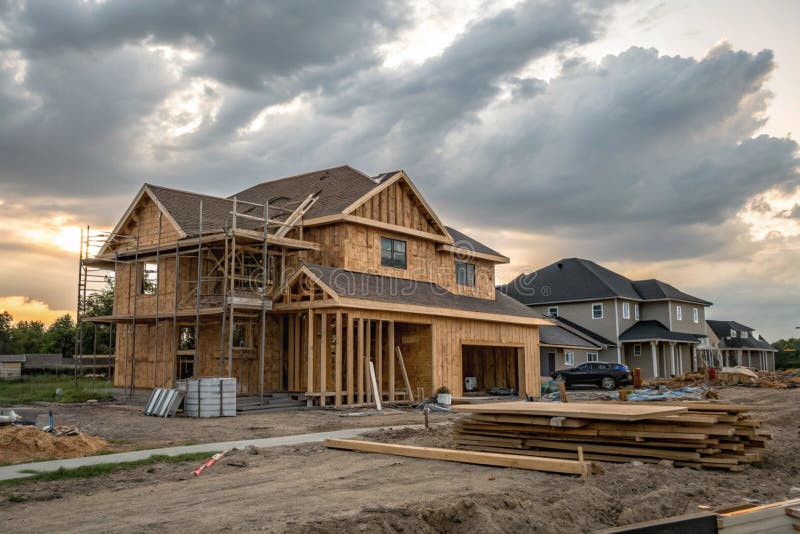 New Suburban Home Under Construction Against Cloudy Sky Stock ...