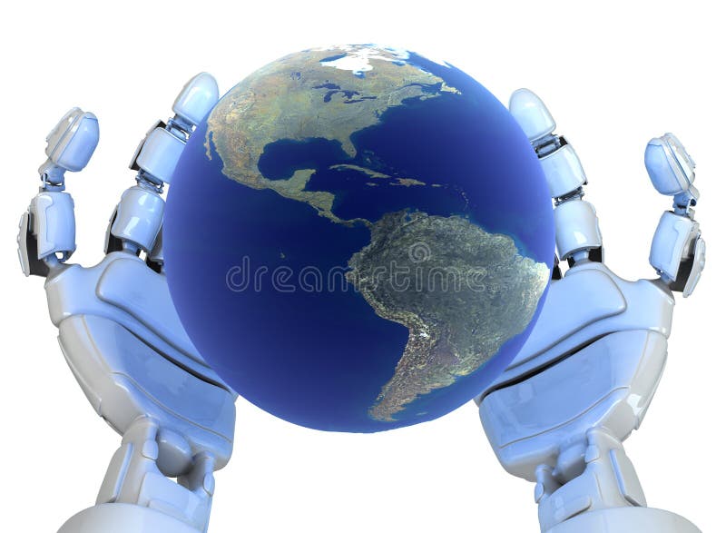 Robot Keeps the Earth. Planet in Hands at High Technology. Conceptual ...