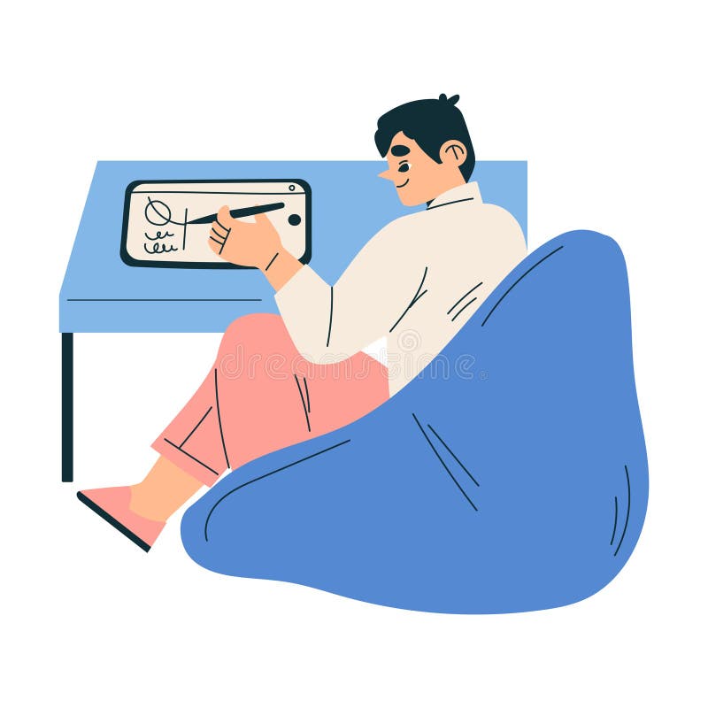 New Technologies with Man Character with Tablet Drawing Vector ...